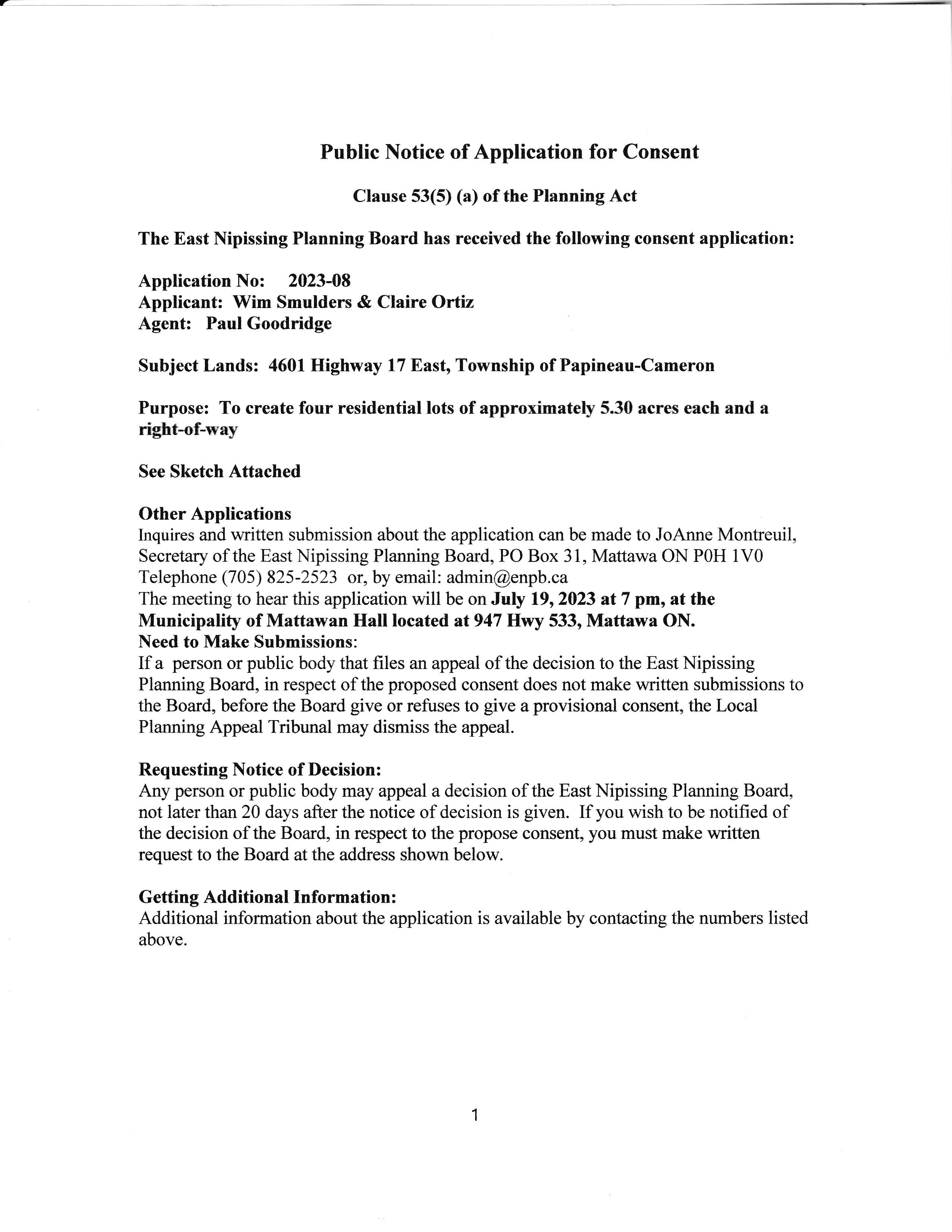 Public Notices of Application for Consent – Papineau Cameron Township